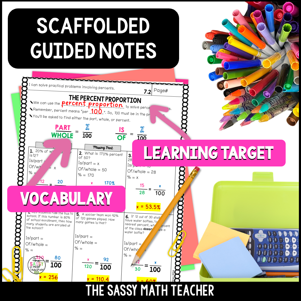 Percent Proportions Guided Notes and Practice Worksheets Word Problems ...