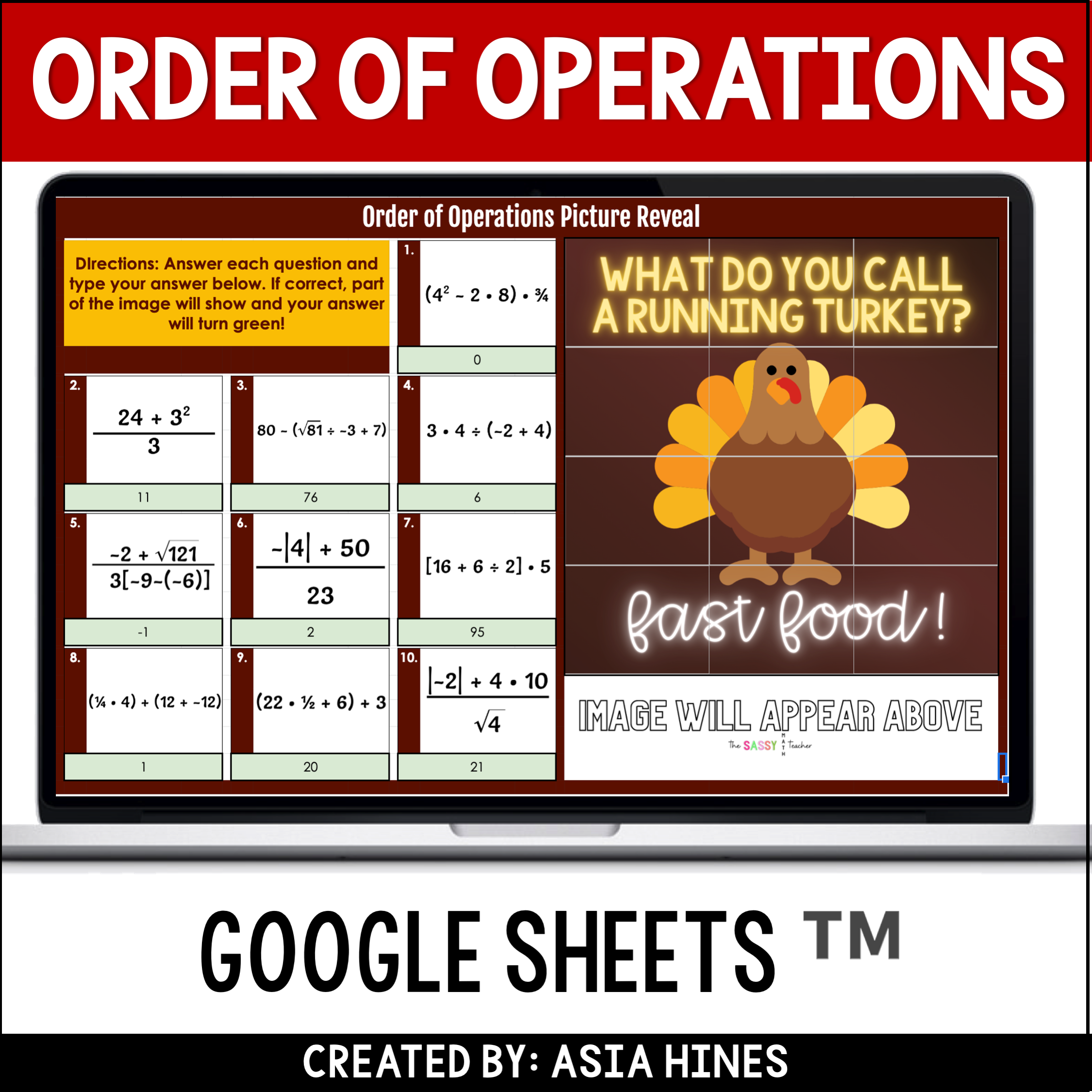 Thanksgiving Math Order of Operations Pixel Art - The Sassy Math Teacher